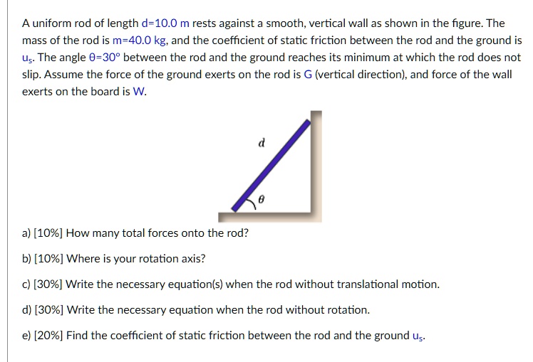 SOLVED: A uniform rod of length d = 10.0 m rests against a smooth ...