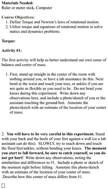 Text: Materials Needed: Ruler Or meter stick; Computer Course ...