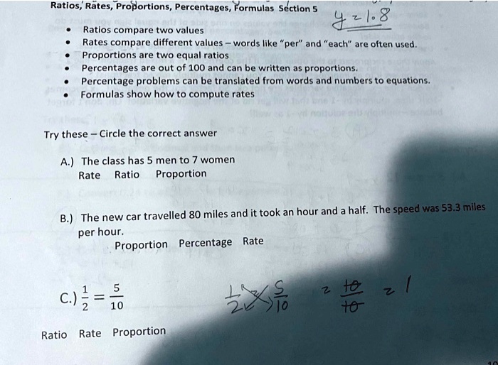 SOLVED: Ratios, Rates, Proportions Percentages, Formulas Sectlon 5 z ...