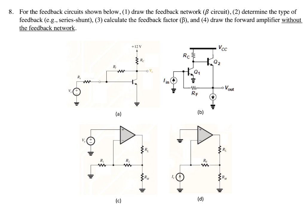 8. For the feedback circuits shown below, (1) draw the feedback network ...