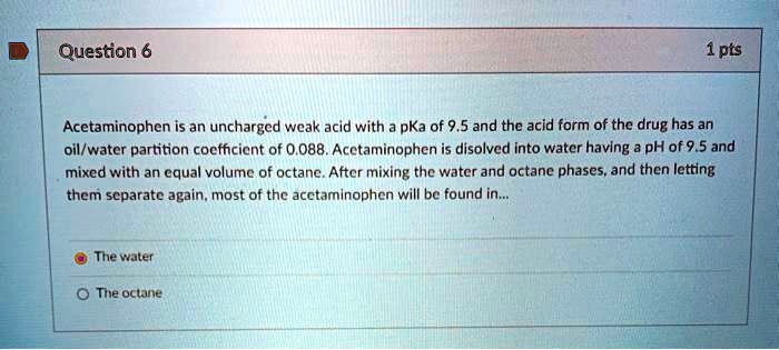 SOLVED: Acetaminophen is an uncharged weak acid with pKa of 9.5 and the ...