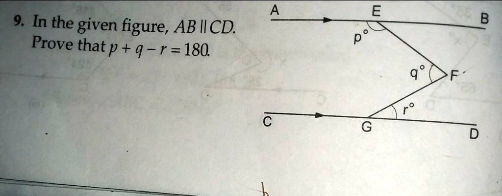 SOLVED: In the given figure, AB // CD. Prove that p + q - r = 180.
