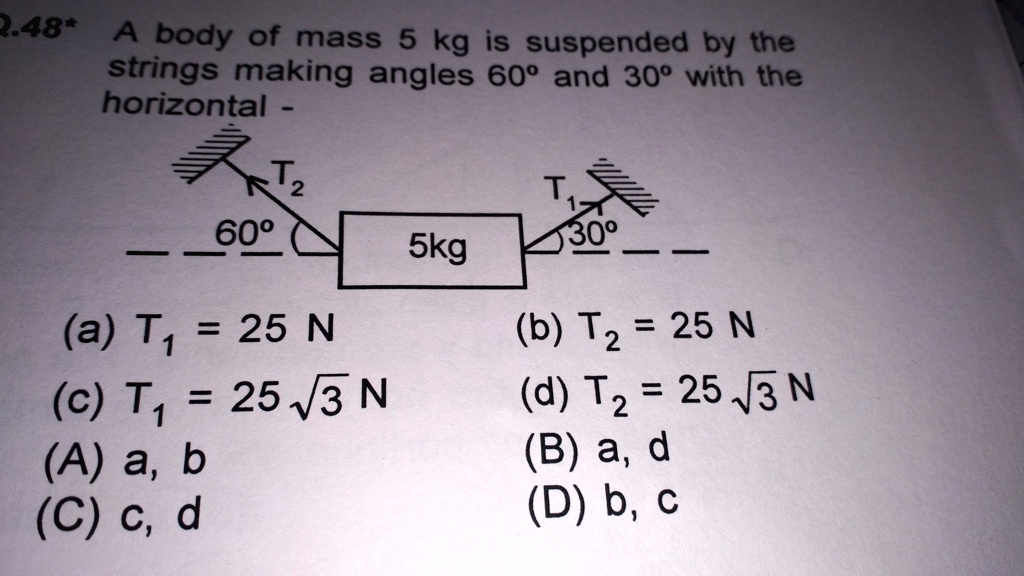 SOLVED: 'a body of mass 5kg is suspended by the string making angles 60 ...