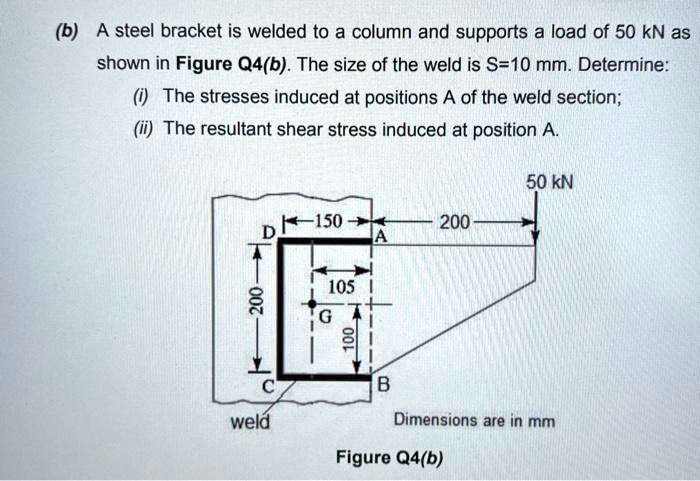 (b) A steel bracket is welded to a column and supports a load of 50 kN ...