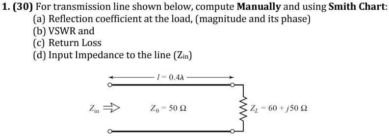 SOLVED: 1. (30) For transmission line shown below, compute Manually and using Smith Chart (a ...