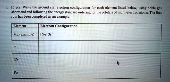 SOLVED: [6 pts] Write the ground stat electron configuration for cach element listed below ...