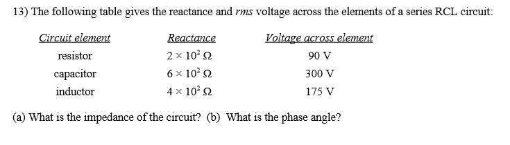 SOLVED: 13) The following table gives the reactance and rms voltage across the elements of ...