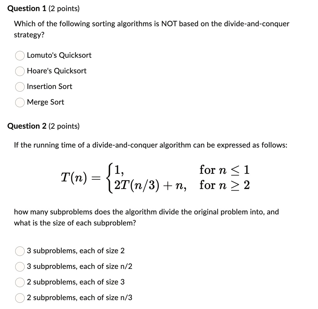 question 1 2 points which of the following sorting algorithms is not ... question 1 2 points which of the following sorting algorithms is not ...