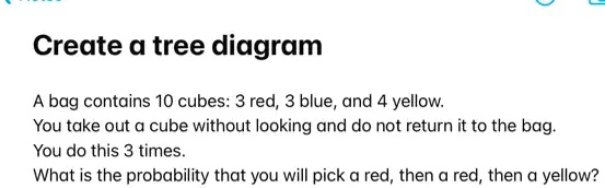 SOLVED: Create a tree diagram A bag contains 10 cubes: 3 red, 3 blue ...