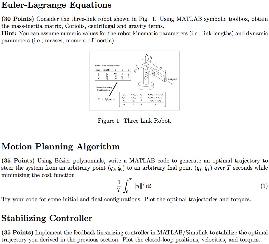 euler lagrange equations 30 points consider the three link robot shown in fig 1 using matlab ...