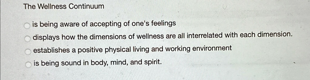 SOLVED: The Wellness Continuum is being aware of accepting of one's ...