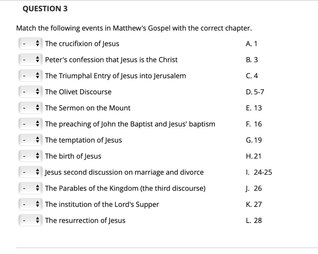 question 3 match the following events in matthews gospel with the ...