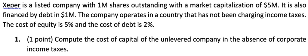 SOLVED: 2. (1 point) Compute the cost of equity of the levered company ...