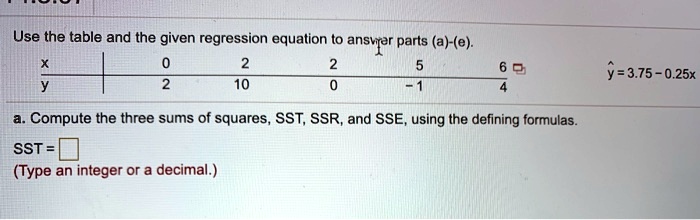 SOLVED: Use the table and the given regression equation to answer parts (a) to (e). Y = 3.75 - 0 ...