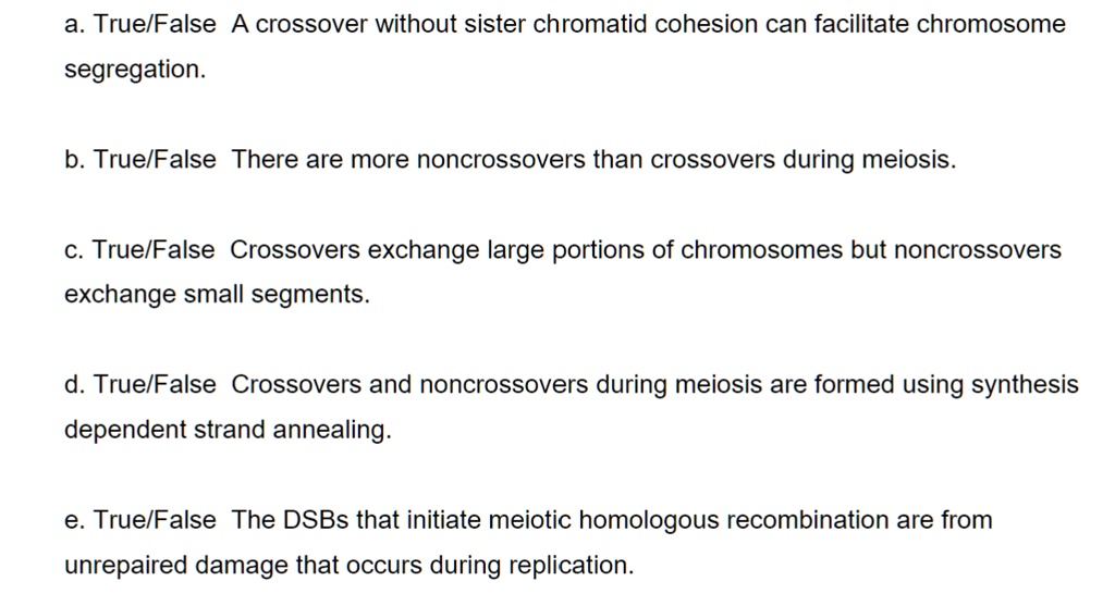 SOLVED: a. True/False A crossover without sister chromatid cohesion can ...