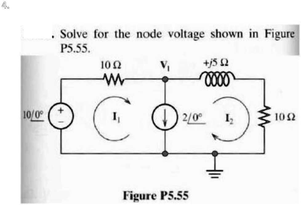 Solve for the node voltage shown in Figure P5.55.