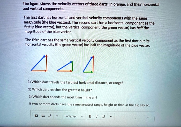 the figure shows the velocity vectors of three darts in orange and their horizontal and vertical ...