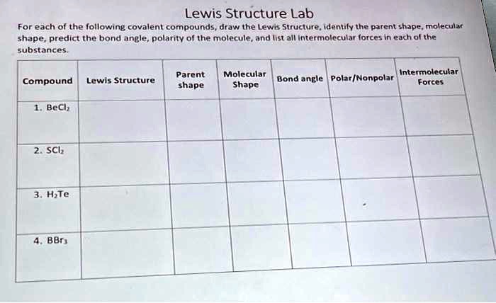 SOLVED: Lewis Structure: Lab For each of the following covalent ...