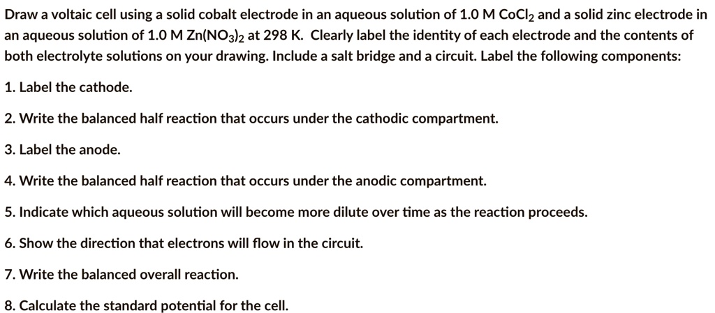 SOLVED: Draw a voltaic cell using a solid cobalt electrode in an aqueous solution of 1.0 M CoCl2 ...