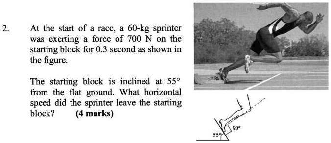 At the start of a race; 60-kg sprinter was exerting force of 700 N on ...