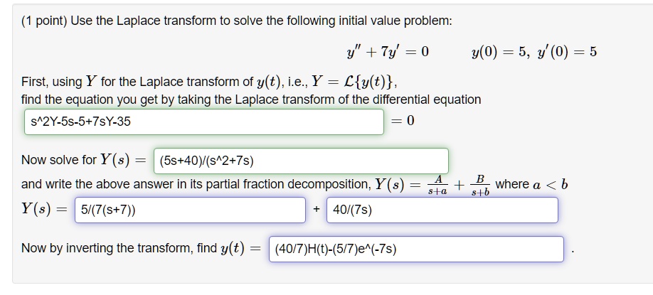 SOLVED:point) Use the Laplace transform to solve the following initial value problem: y" + Ty ...