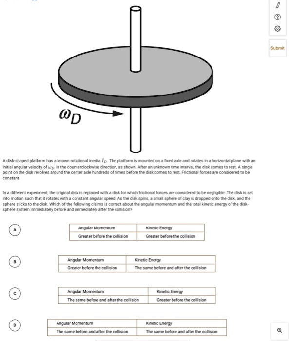 SOLVED: 7. A disk-shaped platform has a known rotational inertia ID. The platform is mounted on ...