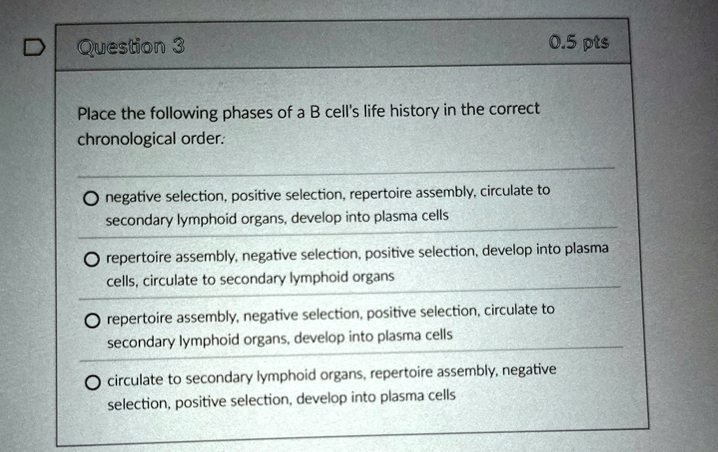 Question 3 0.5 pts Place the following phases of a B cell's life ...
