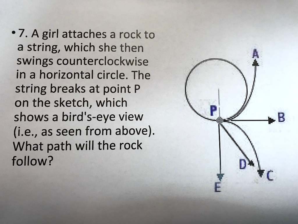 SOLVED: 7 . A girl attaches a rock to a string, which she then swings counterclockwise in a ...