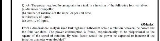 The power required by an agitator in a tank is a function of the ...