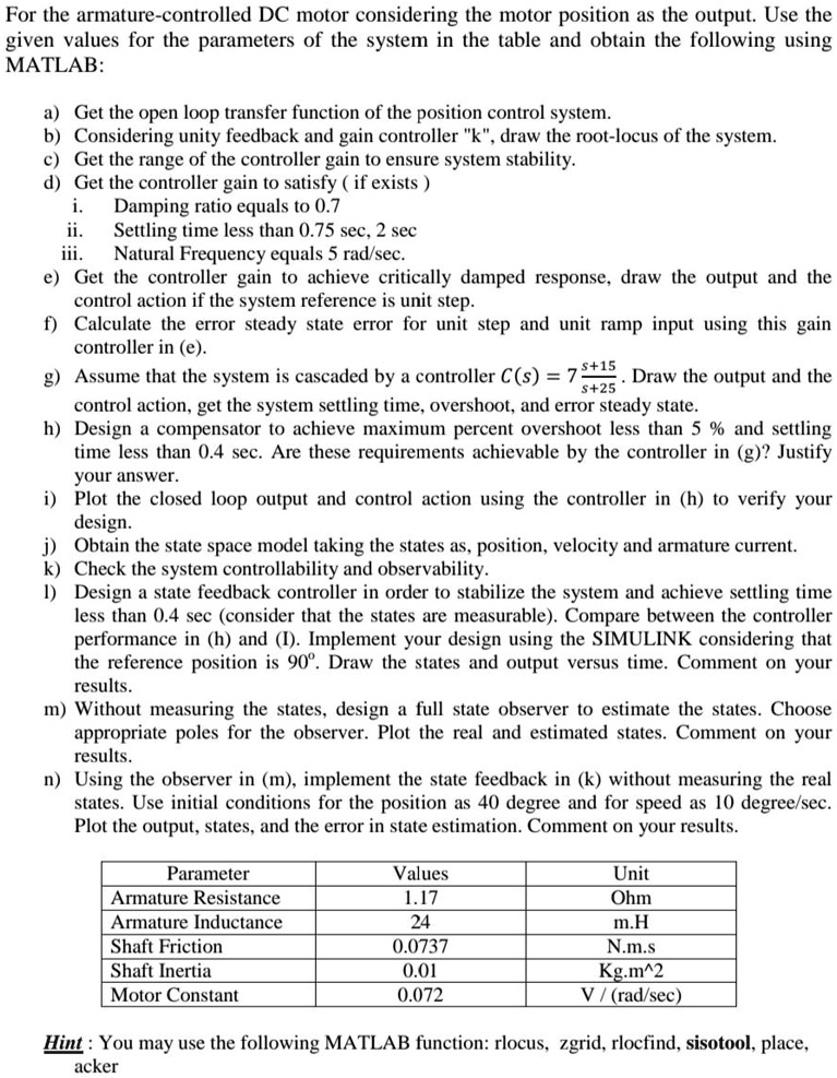 For The Armature Controlled Dc Motor Considering The Motor Position As The Output Use The 