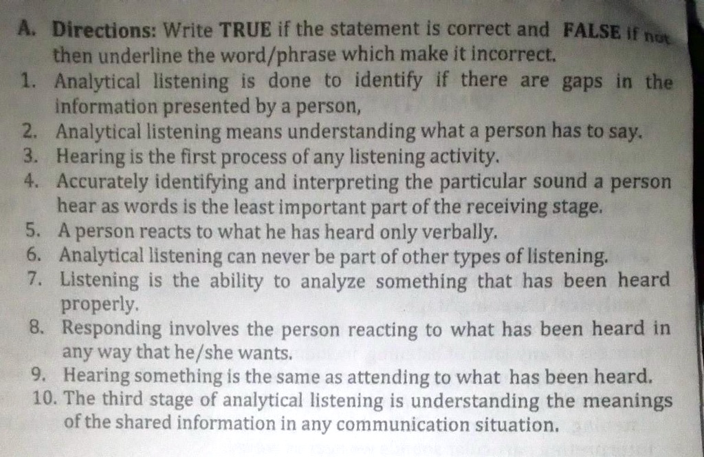 a directions write true if the statement is correct and false if not then underline the ...
