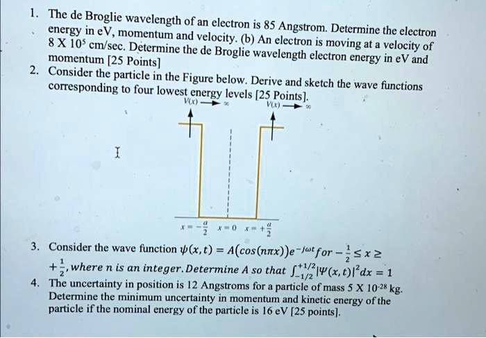 SOLVED: The de Broglie wavelength of an electron is 85 Angstroms. Determine the electron's ...