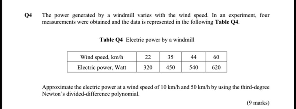 SOLVED: Q4 The power generated by a windmill varies with the wind speed. In an experiment, four ...