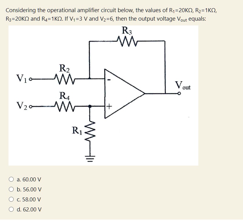 SOLVED: Considering the operational amplifier circuit below, the values of R1 = 20K, R2 = 1K, R3 ...