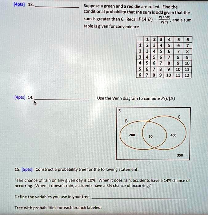SOLVED: [4pts] 13. [4pts] 14. Suppose a green and a red die are rolled ...