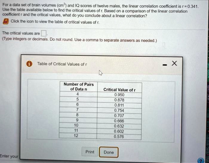 SOLVED: For a dala set of brain volumes (cm") and IQ scores of twelve males, the linear ...