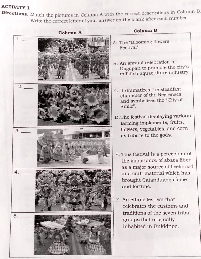 directions match the pictures in column a with the correct descriptions ...