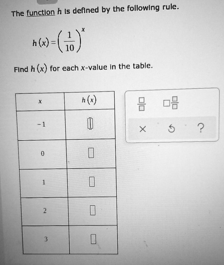 SOLVED: The function h Is defilned by the following rule: h(x) = 10 Find h (x) for each X-value ...