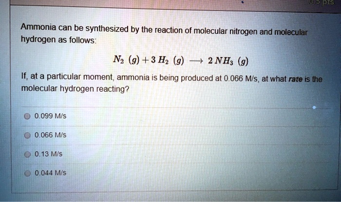 Ammonia can be synthesized by the reaction of molecular nitrogen and molecular hydrogen as ...