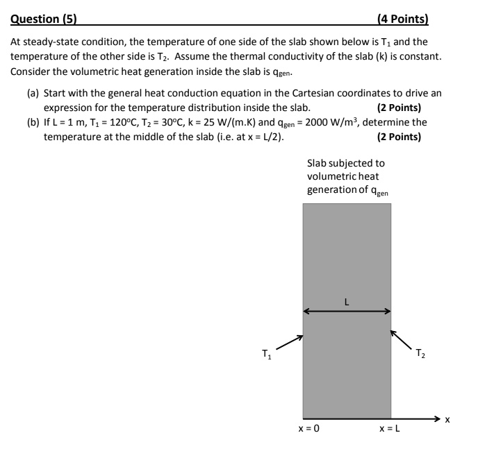 SOLVED: At steady-state condition, the temperature of one side of the slab shown below is T and ...