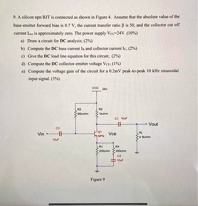 SOLVED: 9. A silicon npn BJT is connected as shown in Figure 4. Assume that the absolute value ...