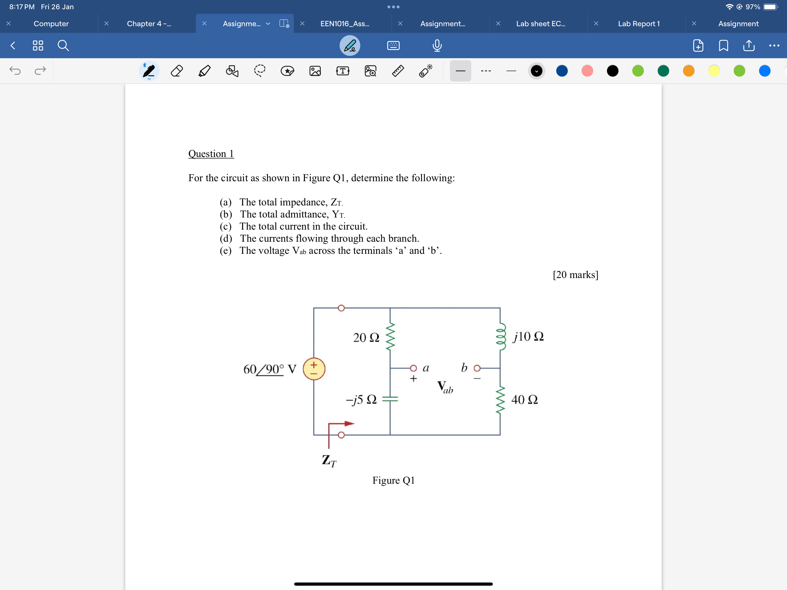 Question 1 For the circuit as shown in Figure Q1, determine the following: (a) The total ...