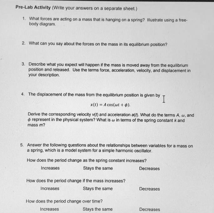 SOLVED: Pre-Lab Activity (Write your answers on a separate sheet.) 1 ...