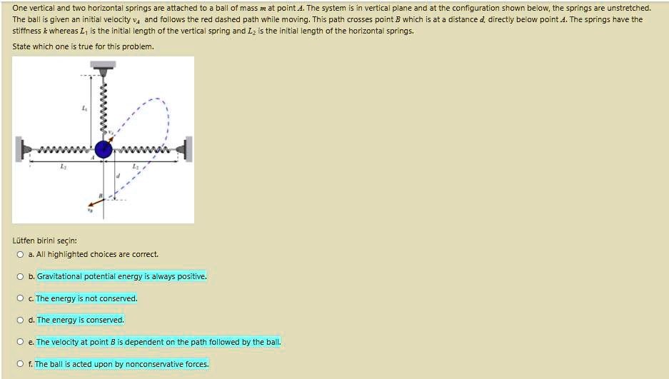 One vertical and two horizontal springs are attached to a ball of mass ...