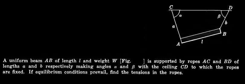 SOLVED: A uniform beam AB of length 1 and weight W [Fig: ] is supported by ropes AC and BD ...