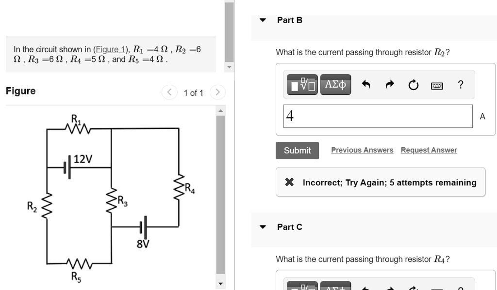 SOLVED: Part B In the circuit shown in Figure 1, R1 = 4 Î©, R2 = 6 Î©, R3 = 6 Î©, R4 = 5 Î©, and ...