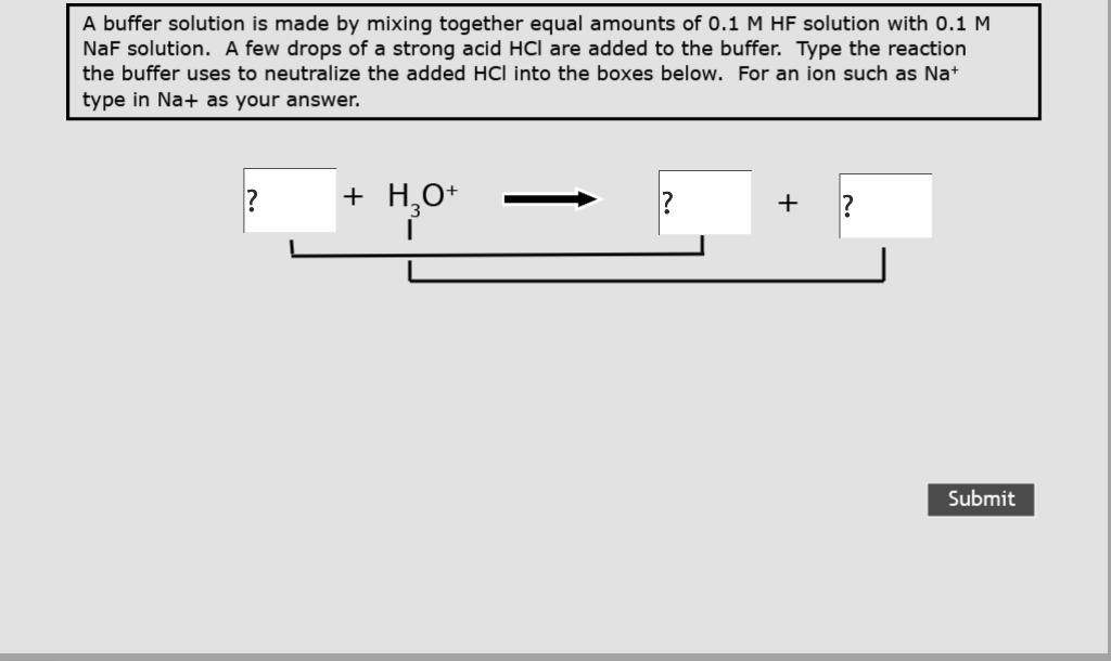 SOLVED: A buffer solution is made by mixing together equal amounts of 0.1 M HF solution with 0.1 ...