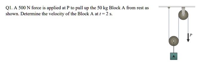 Q1. A 500 N force is applied at P to pull up the 50 kg Block A from rest as shown. Determine the ...