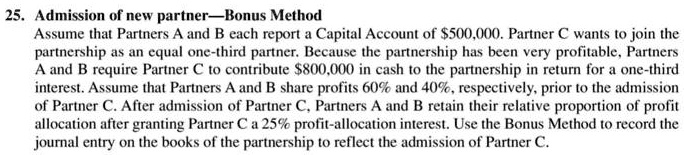 SOLVED: 25.Admission of new partner-Bonus Method Assume that Partners A ...