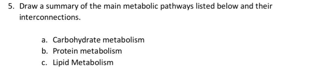 5. Draw a summary of the main metabolic pathways listed below and their ...